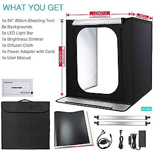 FOSITAN Photo Box, 24''x24''x24'' Portable Photo Studio Professional Light Box 126 LED Brightness Dimmable Shooting Tent with 8 Backdrops for Product Advertising Like Jewellery, Food, Bags, Shoes