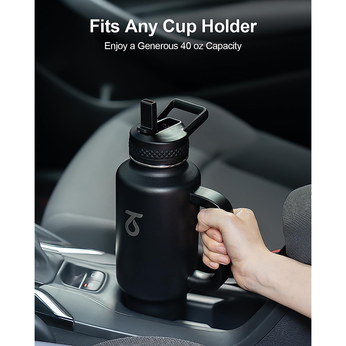 Trebo 40 oz Water Bottle Insulated Fit Car Cup Holder with Handle, Stainless Steel Water Bottles Tumbler with Spout Straw Lids, Double Wall Travel Reusable Flask, Leakproof Mug,Keep Cold &Hot,Black