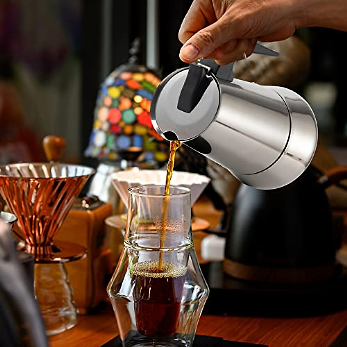 ALYSTER Moka Pot Italian Coffee Maker Classic Stovetop Espresso Maker 9Cup/16OZ Stainless Steel Stovetop Induction Espresso Pot (9Cup(16OZ, Silver)