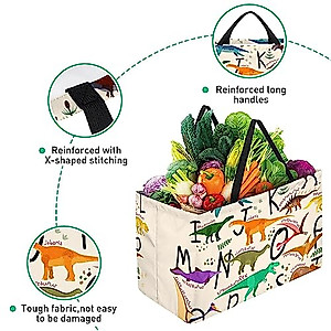KQNZT Reusable Grocery Bags, Heavy Duty Reusable Shopping Bags, Large Tote Bags with Long Handles and Reinforced Bottom, Dinosaur Cartoon Alphabet