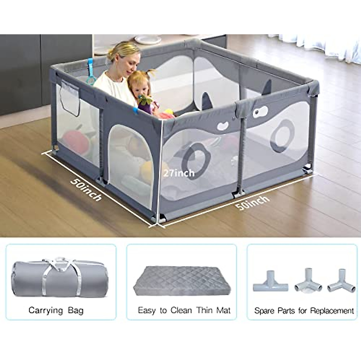 Baby Playpen,Letmudla Playpen with Mat,Upgraded Sturdy Play Pen with Gate,Easy to Assemble Play Yard,Safe Play Pens for Babies and Toddlers with Hand Rings,Outdoor&Indoor Activity Center for Infant