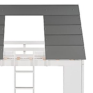 Harper & Bright Designs House Bunk Bed for Kids, Low Bunk Bed Twin Over Twin, Wood Toddler Bunk Beds Frame with Roof and Ladder for Girls Boys, White