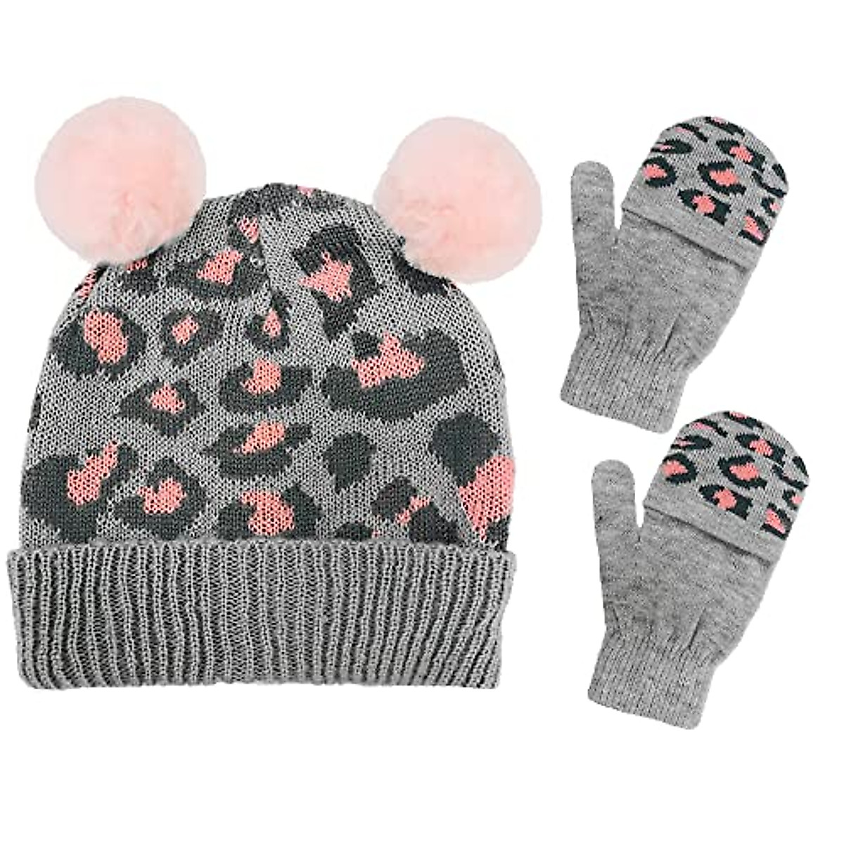 PEAK 2 PEAK Girls Hat and Fingerless Gloves Winter Set, Leapord with Plush Pink Pompoms - Age 4-12 Years