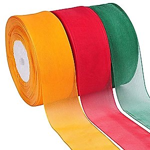 Livder 3 Rolls 1-1/2 Inch Christmas Ribbon Sheer Chiffon Ribbons for Christmas Gift Wrapping Tree Wreath Party Decorations (Dark Green, Red, Golden)