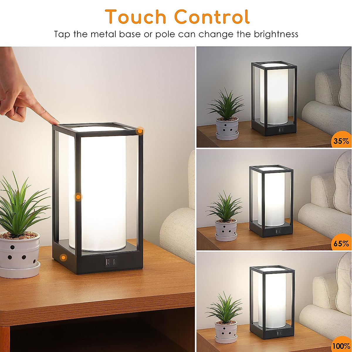 GGOYING Bedside Table Lamp,Touch Control Table Lamp with 3-Way Dimming,USB C Charging Ports,LED Bulb,Black Metal Body and White Fabric Lampshade Bedroom Lamp