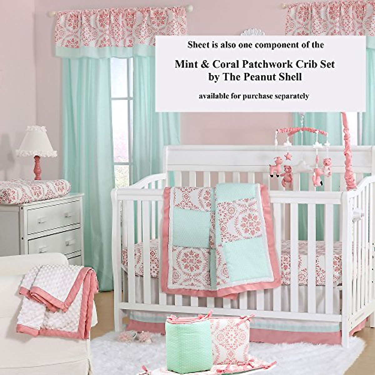 Coral Pink Medallion Fitted Crib Sheet - 100% Cotton Floral Damask Baby Girl Nursery and Toddler Bedding