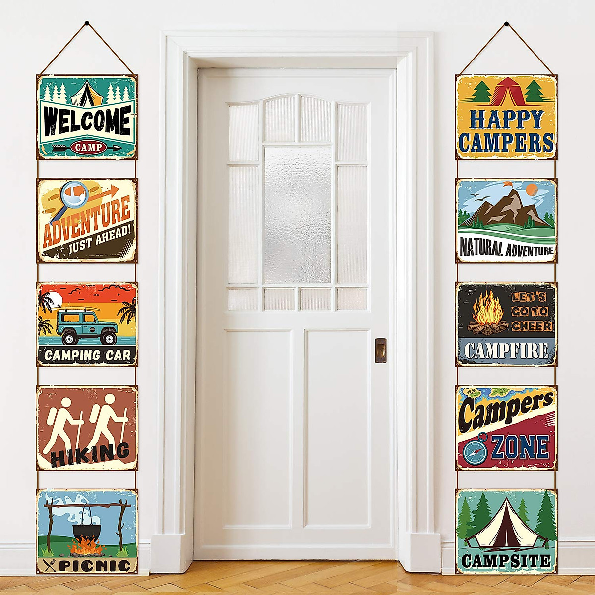 Camping Party Decorations Camping Banner Laminated Camping Signs Camp Themed Decorations Supply Birthday Party Baby Shower Decor Paper Cutouts with 2 Ropes and Glue Point Dots