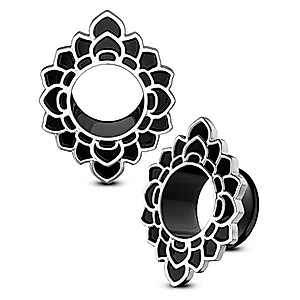 COCHARM 2PCS 8mm Ear Gauges Black Plugs Gauges Double Flare Lotus Gauge Earrings Size 0g Gauge Plugs for Ear Stainless Steel 0 Gauges for Women