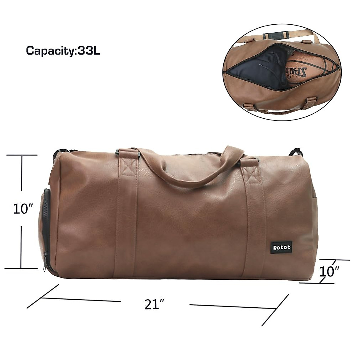 ROTOT Leather Travel Bag with Shoe Pouch, Carry-on Weekender Overnight Bag, Large Volume Gym Duffel Bag for Men and Women (Amaretto)