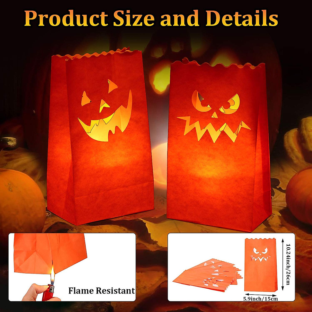 20 Pieces Halloween Luminary Candle Bags Flame Resistant Candle Bags in 5 Kinds of Pumpkin Grimace Patterns for Halloween Party Supplies