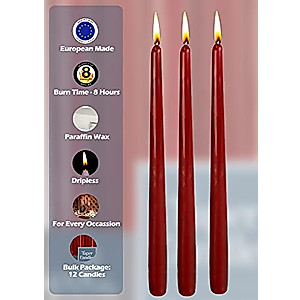 12 Pack Tall Taper Candles - 10 Inch Burgundy Dripless, Unscented Dinner Candle - Paraffin Wax with Cotton Wicks - 8 Hour Burn Time