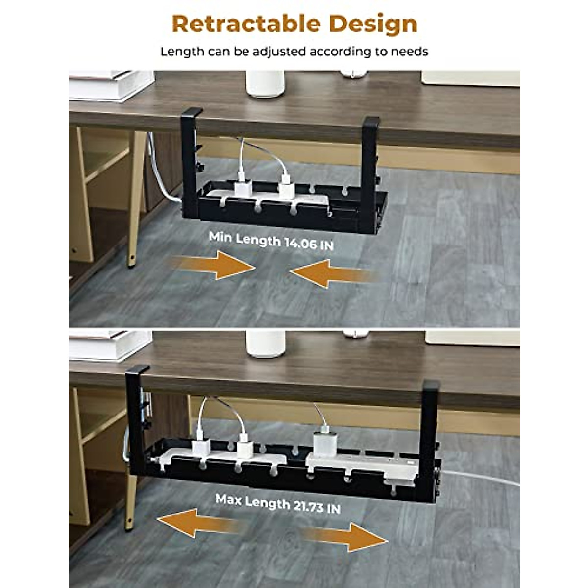 yamagahome Under Desk Cable Management Tray, 14"-21" Retractable Cord Organizer for Desk, No Drill Cable Tray Basket for Wire Management, Sturdy Metal Cable Management with Clamp for Home Office