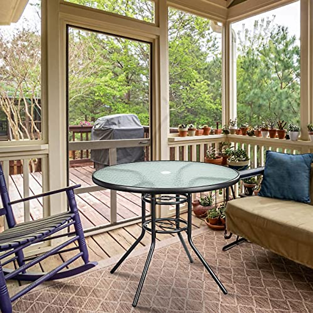 35.4"Outdoor Bistro Table Round Patio Dining Table Coffee Table Side Table with Umbrella Hole, Outdoor Indoor Banquet Furniture with Metal Frame and Glass Top for Garden Backyard Porch Lawn Deck,Black