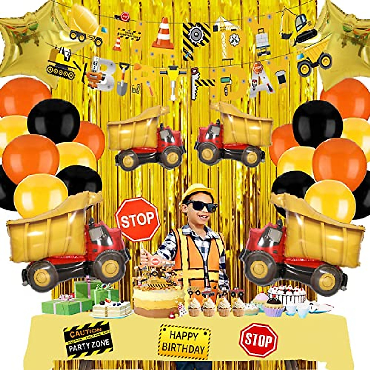 Construction Theme Birthday Party Decorations Kit Dumb Truck Excavator Crane Banner Foil Curtain Tablecloth Balloons for Boys 1st 2nd 3rd 4th 5th Birthday Party, Baby Shower Supplies.