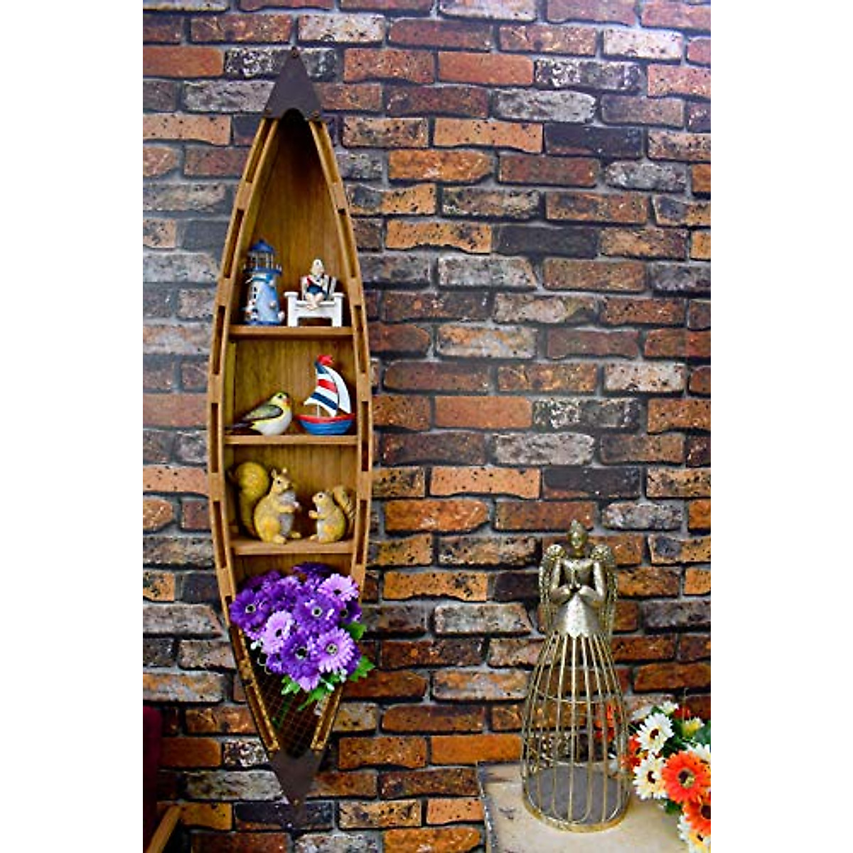 Wood Hanging Boat Shelf 47" Nautical 3-Tiered Shelves for Living Room Bathroom Bedroom - Beach Themed Decorative Bookcase Wooden Wall Art Ornament Display Shelf Rustic Coastal Home Decor (D)