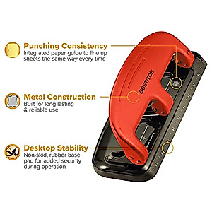 Bostitch Office Three Hole Punch Ez Squeeze Hole Puncher 20 Sheet Standard - Metal Construction - Red