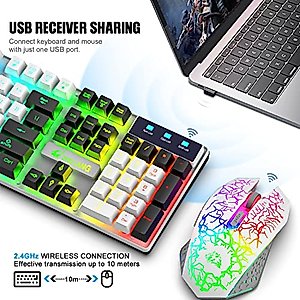 Wireless Gaming Keyboard and Mouse Combo Muti-Color Keycaps Rainbow Backlit Mechanical Feel Keyboard RGB Carck Luminescent Mice Mouse Pad for PC/Mac Gamer, Typist, Travel