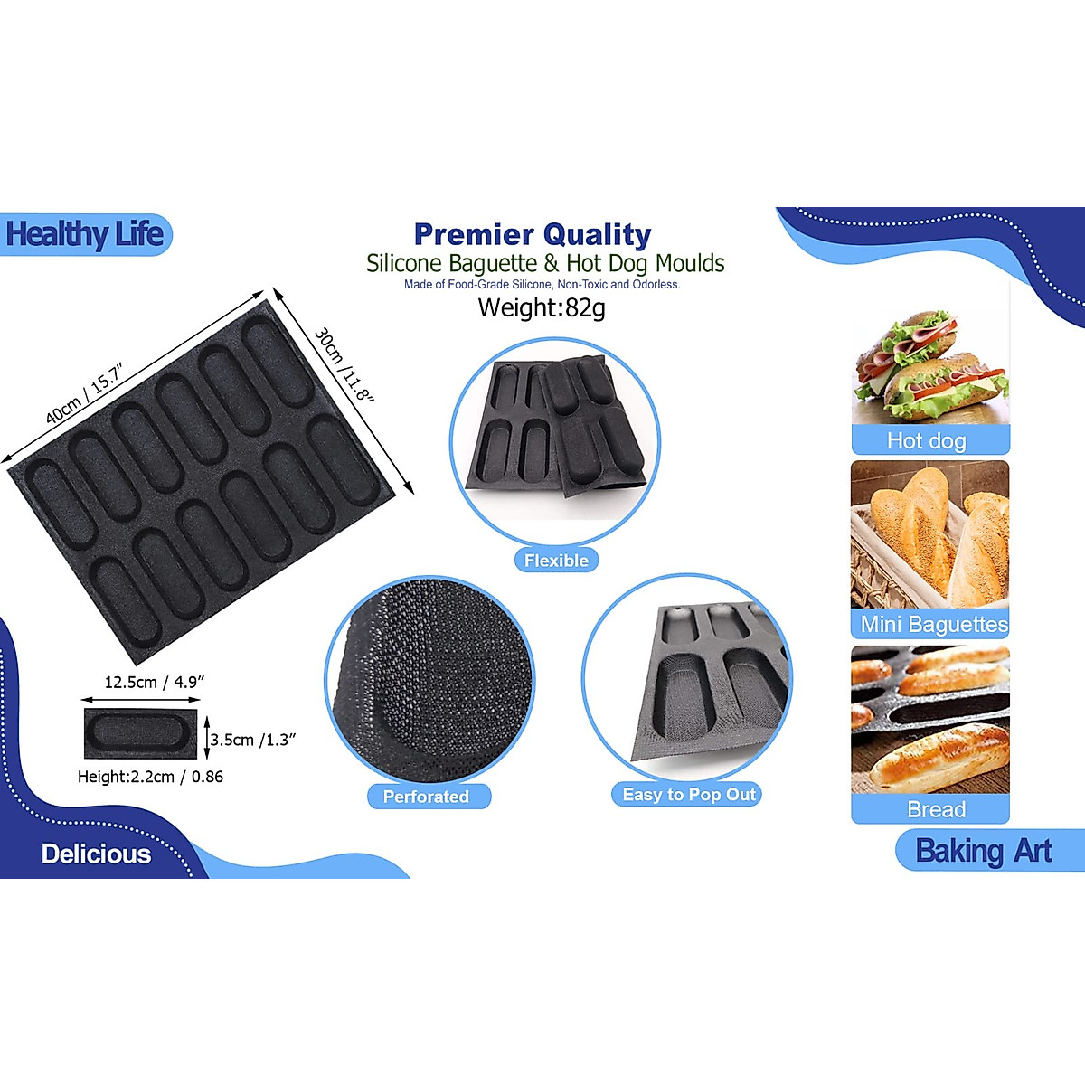 heffiso Silicone Baguette Moulds Mini Hot Dog Bun Mold Bread Bun Mold Pans Non-Stick Reusable Sandwich Baking Form French Bread Pan Hoagie Roll Baking Pans Perforated Mould 12-Loaf Bread Pans