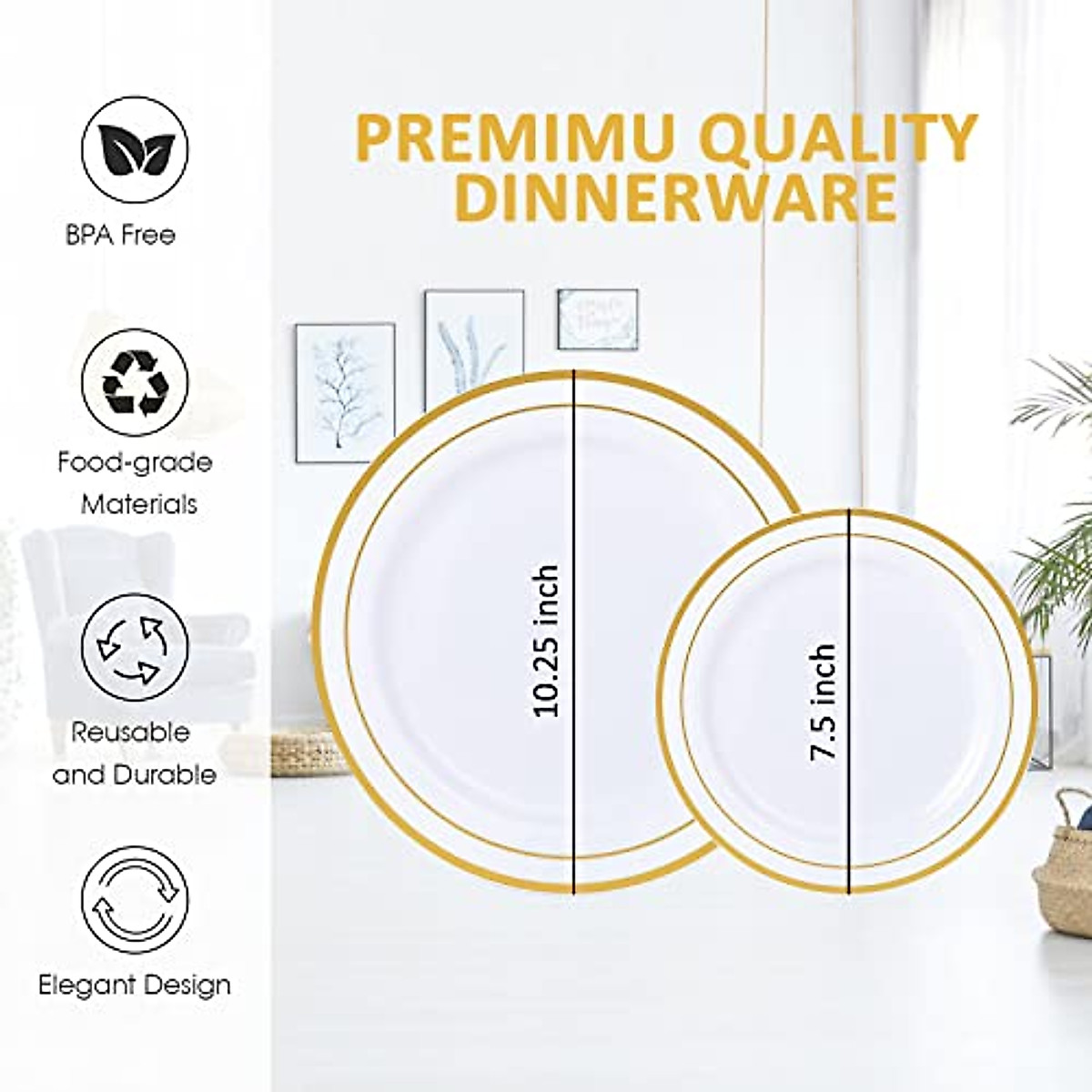 Gold Plastic Plates, MCIRCO 100 Pieces Disposable Party Plates for Weddings, Premium Gold Rim Plates, Include 50 10.25 Inch Dinner Plates and 50 7.5 Inch Dessert Appetizer Plates