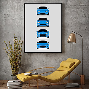 Custom Car Posters History of Mazda Miata MX-5 Generations and Handmade Print of NA Miata, NB Miata, NC Miata, ND Miata - Mariner Blue, 8x10" Satin Print (Unframed) - Gift for Car Enthusiast