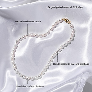 InzheG Freshwater Pearl Necklace 16 Inches 14K Gold Plated 7-8mm Cultured White Pearl Necklace Dainty Trendy Sweater Necklace Holiday Gift for Women Girls