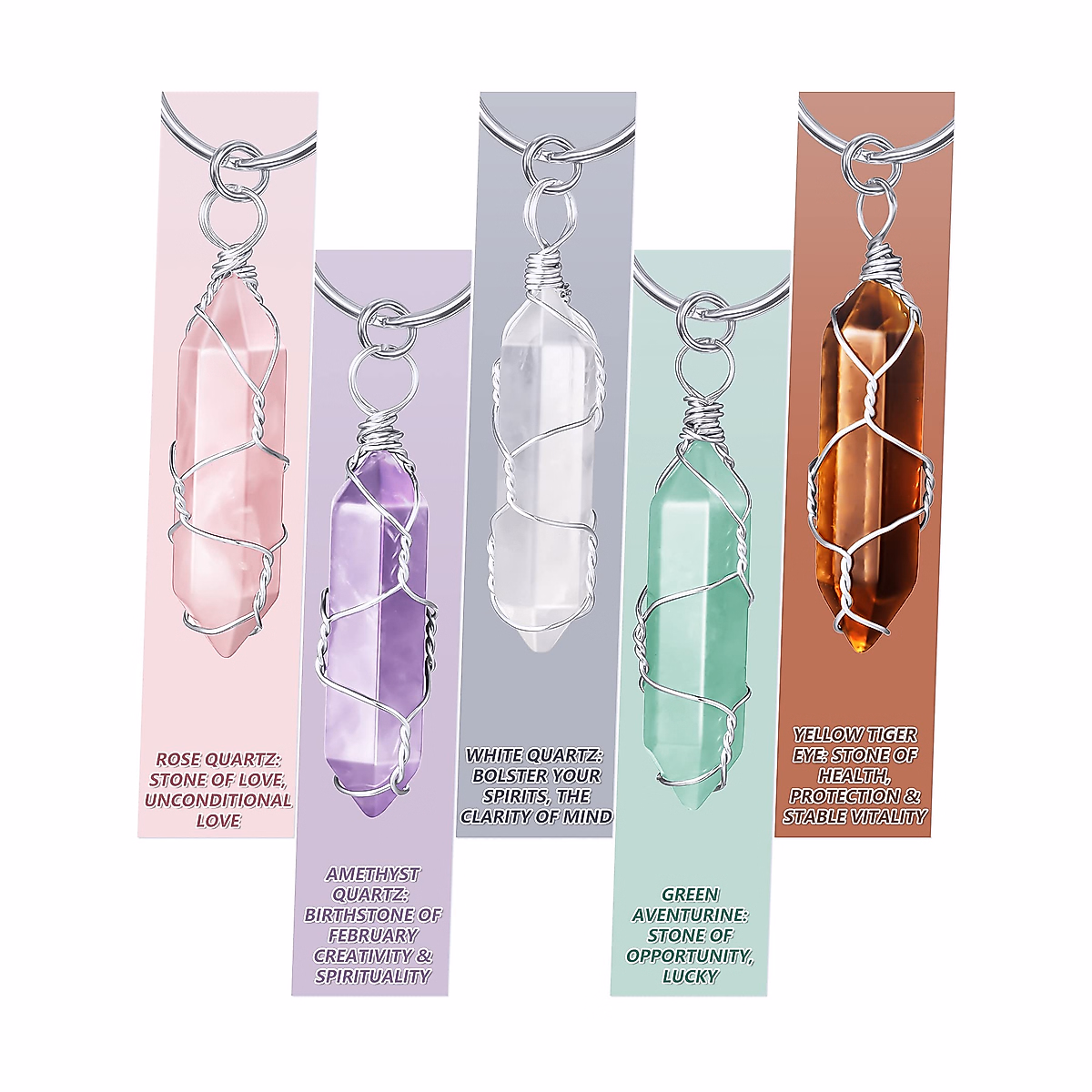 5 Pieces Crystals Stone Keychain Healing Stones Jewelry Hexagonal Crystal Keyring Quartz Pendants Keychain Quartz Crystal Healing Crystal for Women
