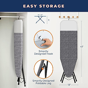 Happhom Ironing Board, Compact and Space Saver Iron Board, Safety Ironing with Park Zone and 4 Layers Extra Thick Cover, Patented Lock System for Foldable Leg, Easy Storage with Smart Hanger (13x43)