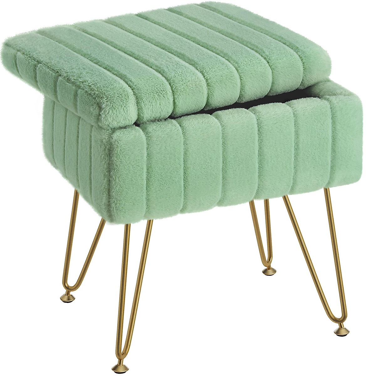 Greenstell Vanity Stool Chair Faux Fur with Storage, 15.7"L x 11.8"W x 19.4"H Soft Ottoman 4 Metal Legs with Anti-Slip Feet, Furry Padded Seat, Modern Multifunctional Chairs for Makeup, Bedroom,Green
