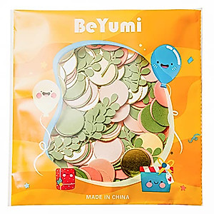 BeYumi 300Pcs Sage Olive Green Peach Blush Round Scatter Confetti Dots Greenery Confetti Decorations with Eucalyptus Table Decoration for Sage Wedding Bridal Baby Shower Greenery Theme Party Gender Reveal