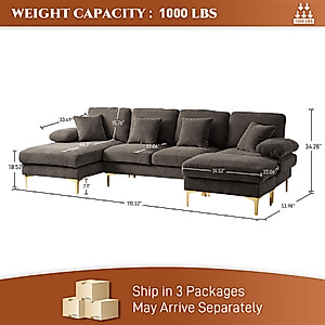 OUYESSIR U-Shaped Sectional Sofa Couch, 4 Seater Sofa Set for Living Room, 110" Convertible L-Shaped Chenille Couch Set with Chaise Lounge, Ottoman and Pillows (Grey)