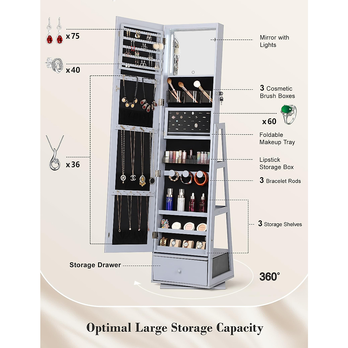 Nicetree 360° Swivel Jewelry Cabinet with Lights, Touch Screen Vanity Mirror, Rotatable Full Length Mirror with Jewelry Storage, Standing Jewelry Armoire Organizer, Foldable Makeup Shelf,Gray