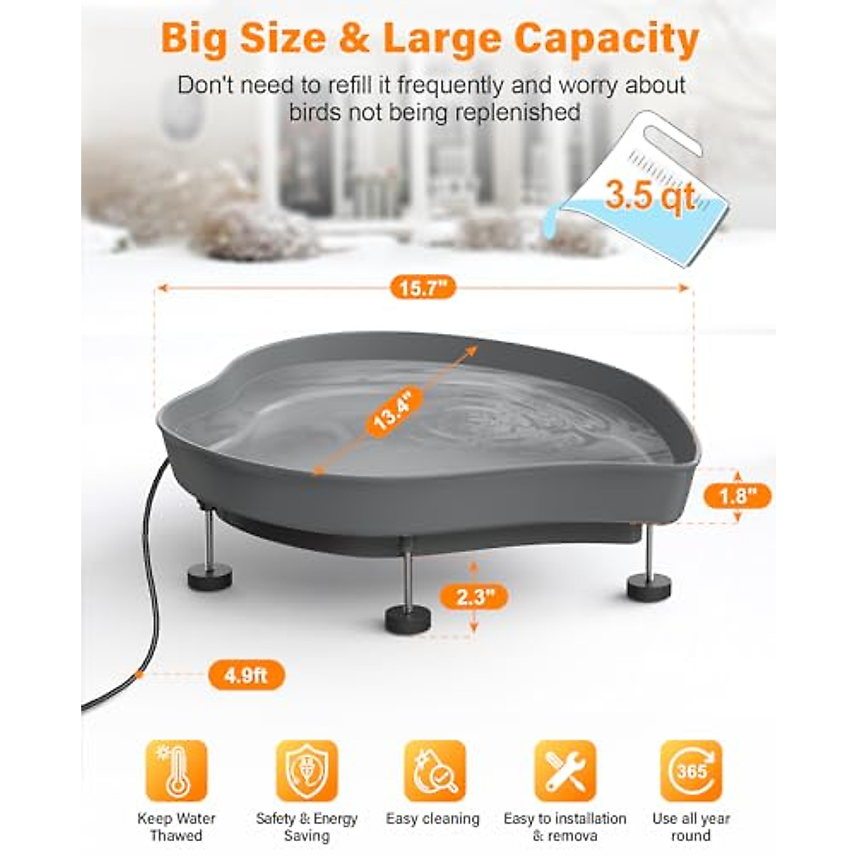 Heated Bird Bath for Outdoors for Winter - 60W Thermostatically Controlled Birdbath Heater for Winter with Large Capacity, All Seasons Available Bird Bath Heater for Outdoor in Winter Garden Yard