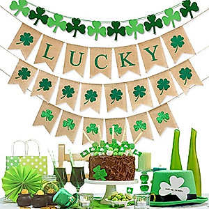 4 Pieces Burlap Lucky Banner Glitter Shamrock Banner Rustic Four Leaf Clover Banner Felt Shamrock Hanging Garland for St. Patrick's Day Decoration