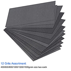 Abrasive Dry Wet Waterproof Sandpaper Sheets Assorted Grit of 400/600/ 800/1000/ 1200/1500 for Furniture, Hobbies and Home Improvement, 12 Sheets (2.8 x 4.5 Inch)