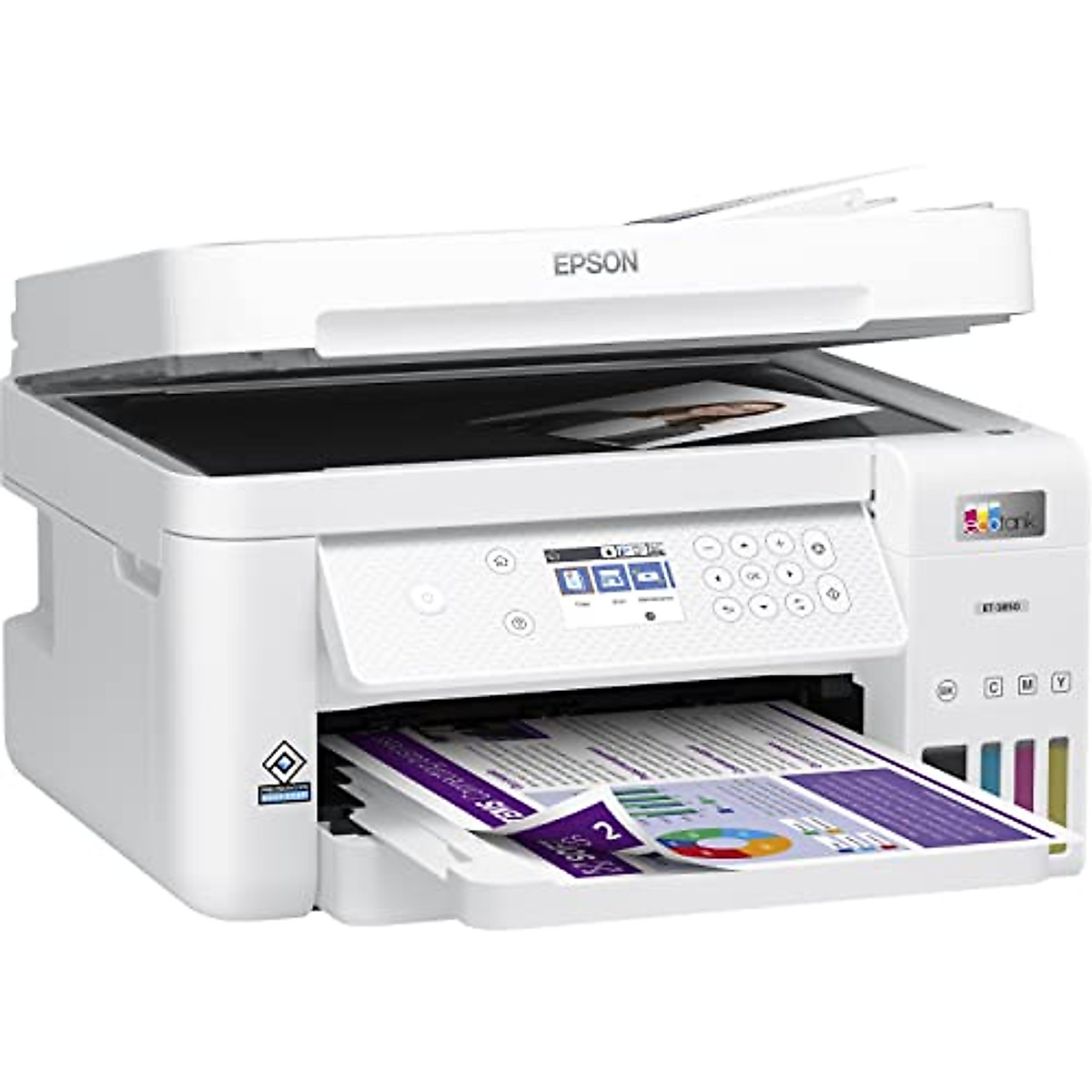 Epson EcoTank ET-3850 Supertank All-in-One Wireless Color Inkjet Printer - Print Scan Copy - 2.4" LCD, 15.5 ppm, 4800 x 1200 dpi, 30-Sheet ADF, Auto 2-Sided Printing, Voice Activated, Ethernet