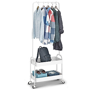 KINGRACK 2-in 1 Garment Rack, Clothing Rack with 2 Tier Metal Basket, Rolling Storage Cart Clothes Organizer Coat Rack Storage Stand on Wheels for Home Bedroom Laundry Small Place Entryway, White
