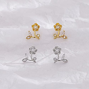 Cute Rose Flower Stud Earrings for Women Teen Girls 925 Sterling Silver Cubic Zirconia Cartilage Tiny Small Studs Earring Dainty Jewerly Birthday Gifts Hypoallergenic (Gold)