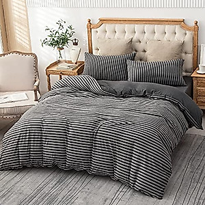 PURE ERA Jersey Knit Duvet Cover Set 100% T-Shirt Heather Cotton Super Soft Comfy Classic Striped Design, with Zipper Closure, Charcoal Dark Grey Stripe, Queen