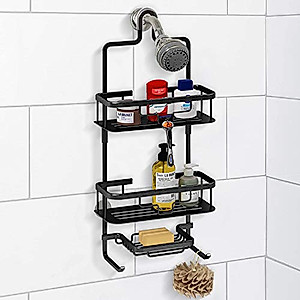 UDENIS Haning Shower Cadddy Bathroom Organizer for Shampoo,Conditioner,Soap,with Hooks for Razors,Towels,Over Shower Head Shelf Aluminum 3Tier black