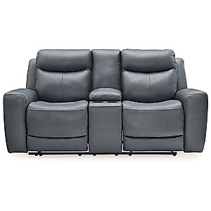Signature Design by Ashley Mindanao Modern Leather Match Upholstered Power Reclining Loveseat with Console, USB Ports and Cup Holders, Gray
