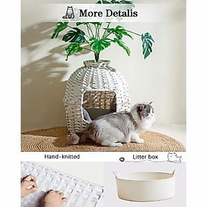 SETVSON Cat Litter Box Plant Furniture Hidden Cat Litter Box with Artificial Plants, Handwoven Rattan Cat Litter Box Enclosure with Cat Litter Box, Enclosed Plant Cat Litter Box in Living Room (White)