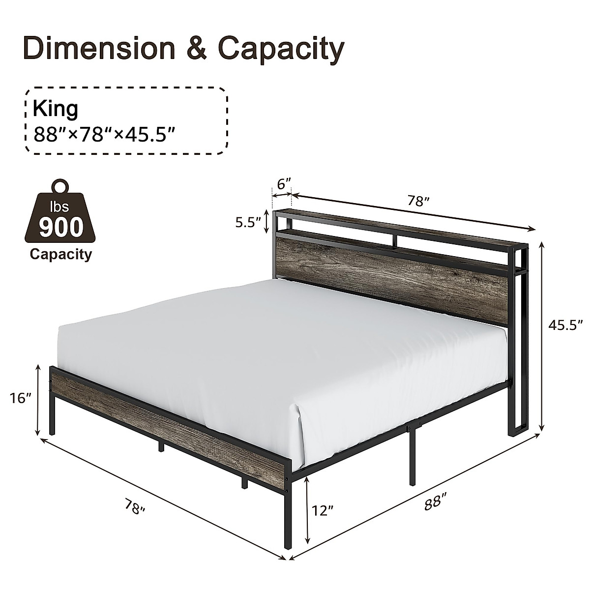LUXOAK King Size Bed Frame, Platform Bed Frame with 2-Tier Storage Headboard and Charging Station/No Box Spring Needed/Noise Free/Industrial/Rustic Grey