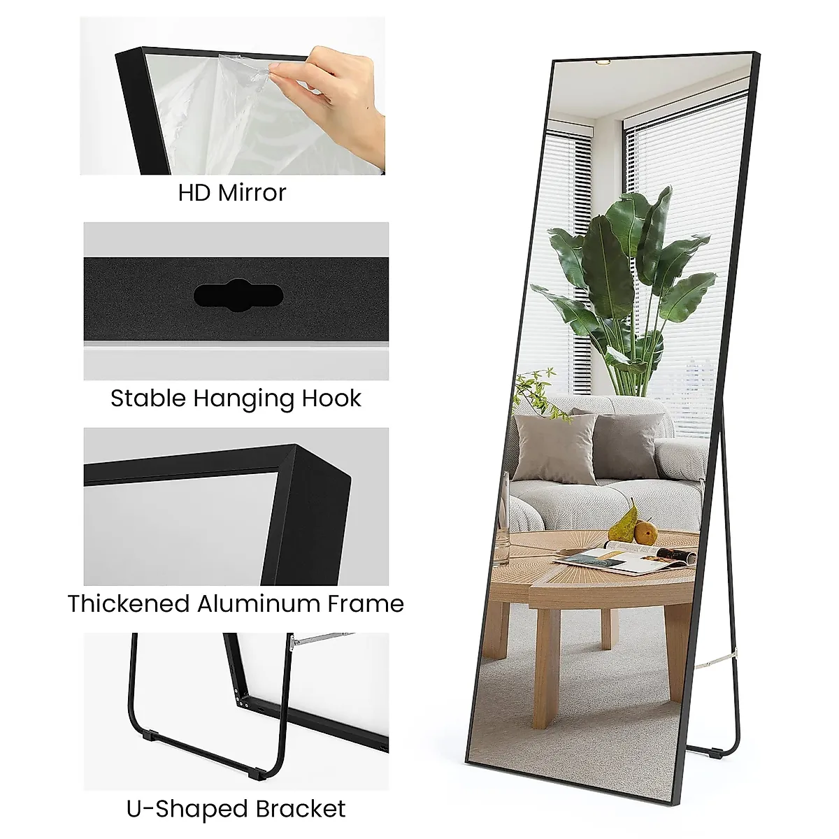 A.T.Lums Floor Mirror, 65" x 22" Full Length Mirror, Rectangle Stainless Steel Metal Frame with Stand, Modern Wall Mounted Mirror, Free Standing or Wall Mounted or Leaning Against Wall, Black