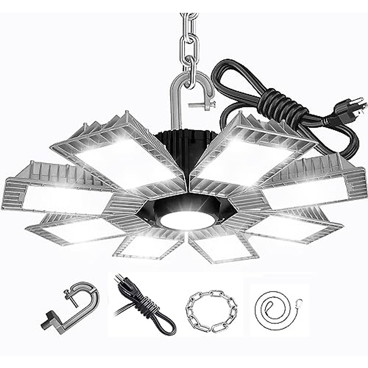 CODAFUL LED High Bay Light 8 Panels 300W LED Garage Lights with US Plug 5ft Cable 85-277V, Light for Wet Location Warehouse Residential Barn Factory Workshop, Shop Lighting (250W-1Pack, Silvery)