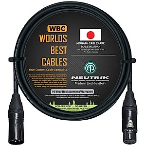 WORLDS BEST CABLES 6 Foot – Quad Balanced Microphone Cable CUSTOM MADE using Mogami 2534 wire and Neutrik NC3MXX-B Male & NC3FXX-B Female XLR Plugs.