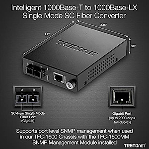 TRENDnet Intelligent 1000Base-T to 1000Base-LX/SX Single Mode SC Fiber Media Converter (20KM, 12.4Miles), Fiber to Ethernet Converter, SC Type Fiber Port,Lifetime Protection, TFC-1000S20, Black