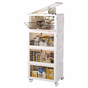 4 Tier Stackable Storage Bins with Lids, 23Qt Plastic Storage Containers with Magnetic Doors & Wheels, Convenient Storage Bins Closet Organizers, Household Organization for Home, Party, Office, Dorm