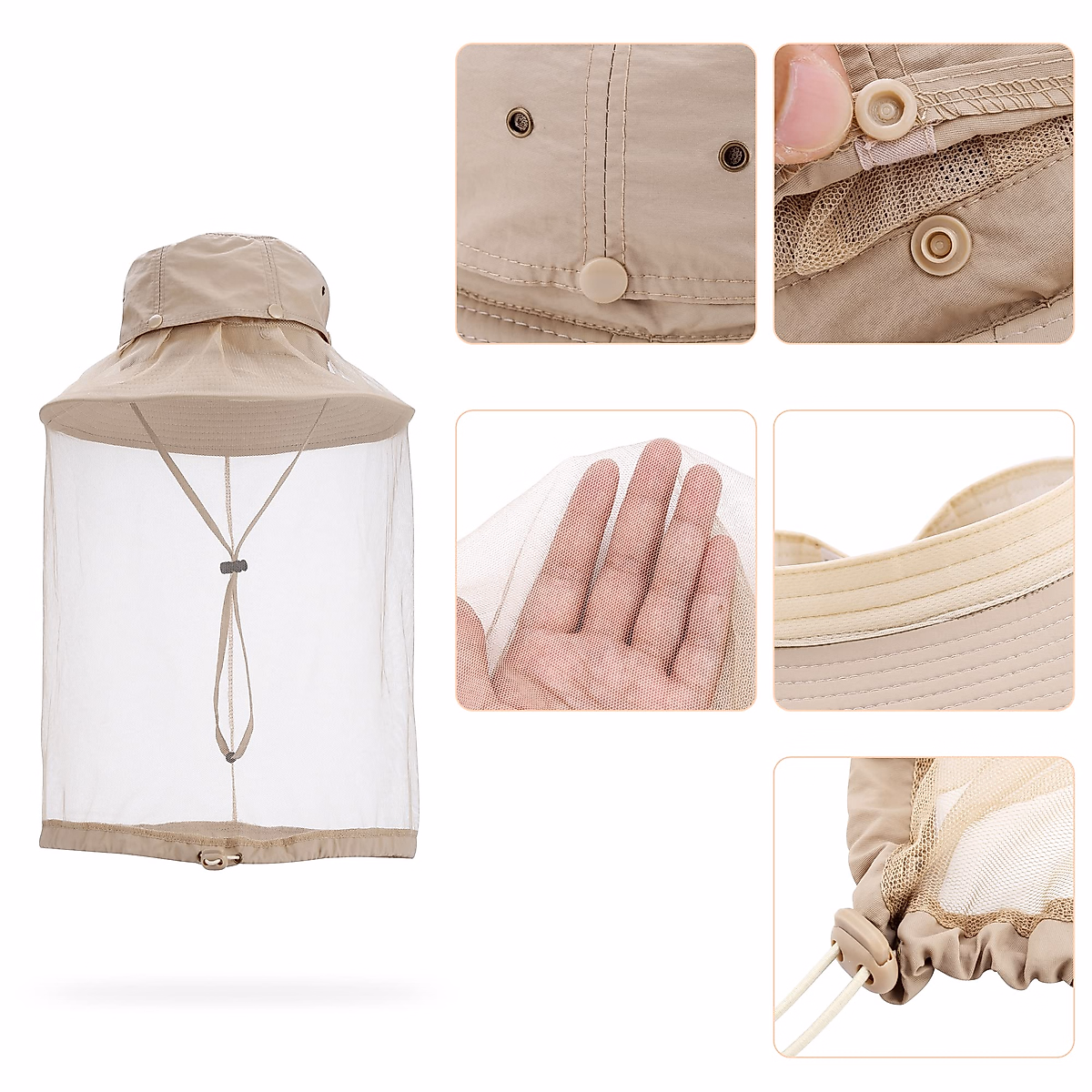 Mosquito Head Net Hat with Hidden Net Mesh for Outdoor Lover Hiking Fishing Beekeeping Gardening Men or Women (Khaki)