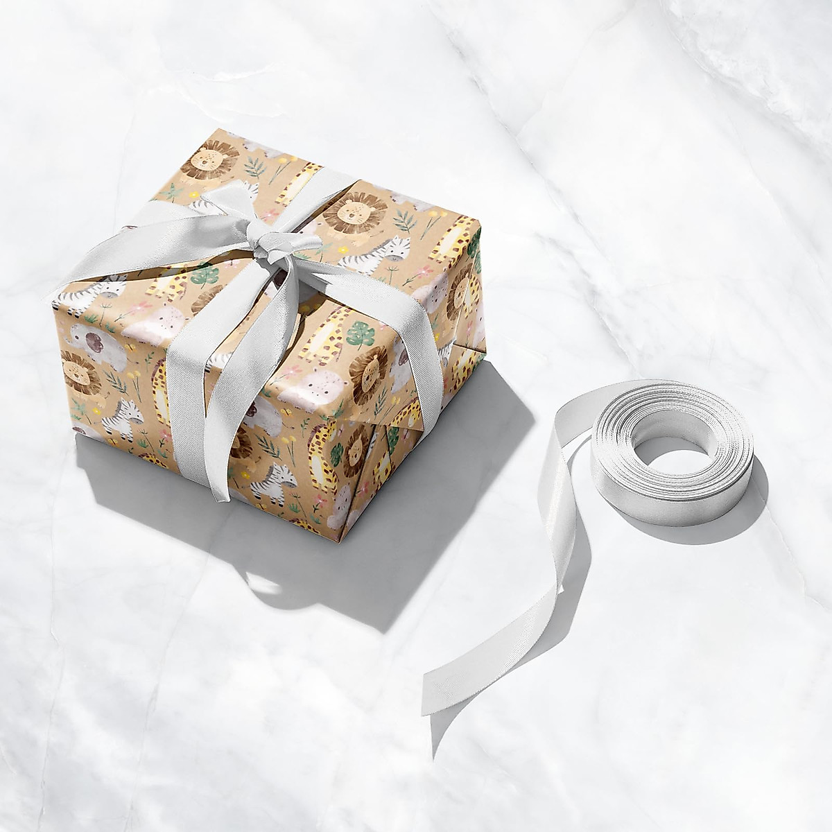 RUSPEPA Kraft Wrapping Paper Roll - Mini Roll - Jungle Animals Design Great for Birthday, Party, Baby Shower - 17 Inches X 32.8 Feet