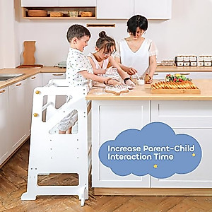 Toddler Kitchen Step Stool, REONEY 2 in 1 Kids Standing Tower, High Chairs with Removable Tray, Height Adjustable Learning Helper Tower for Kitchen Counter Bathroom Sink